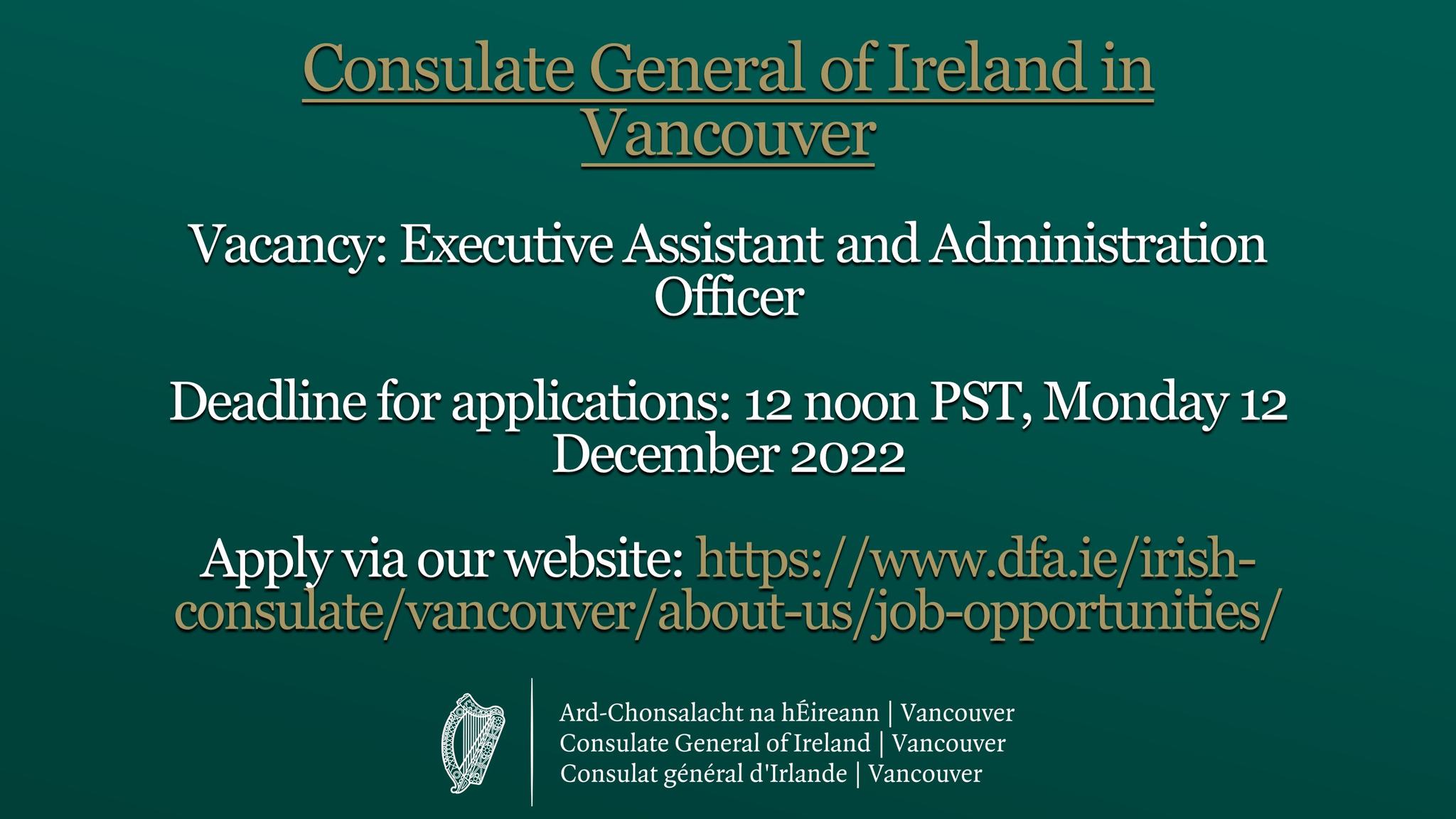 Job Vacancy: Consulate General of Ireland, Vancouver - Irish In BC